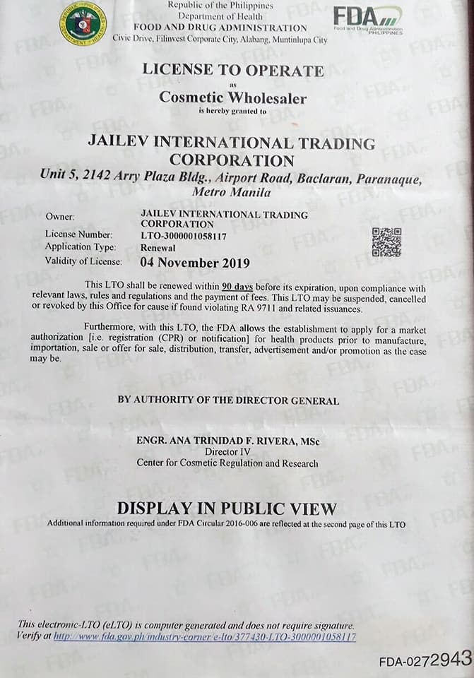 FDA License to Operate Registration – Jailev Store